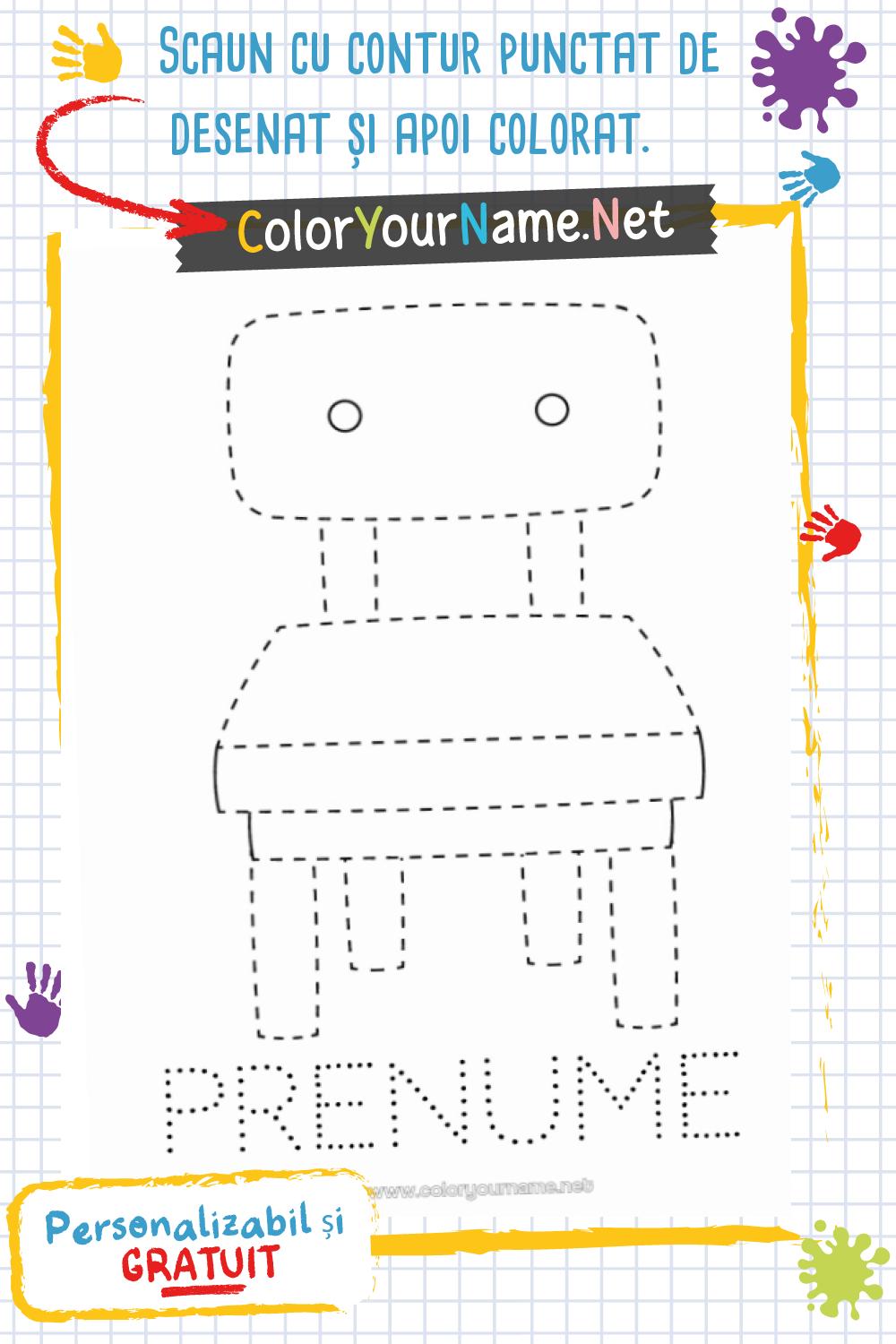 Scaun cu contur punctat de desenat și apoi colorat.