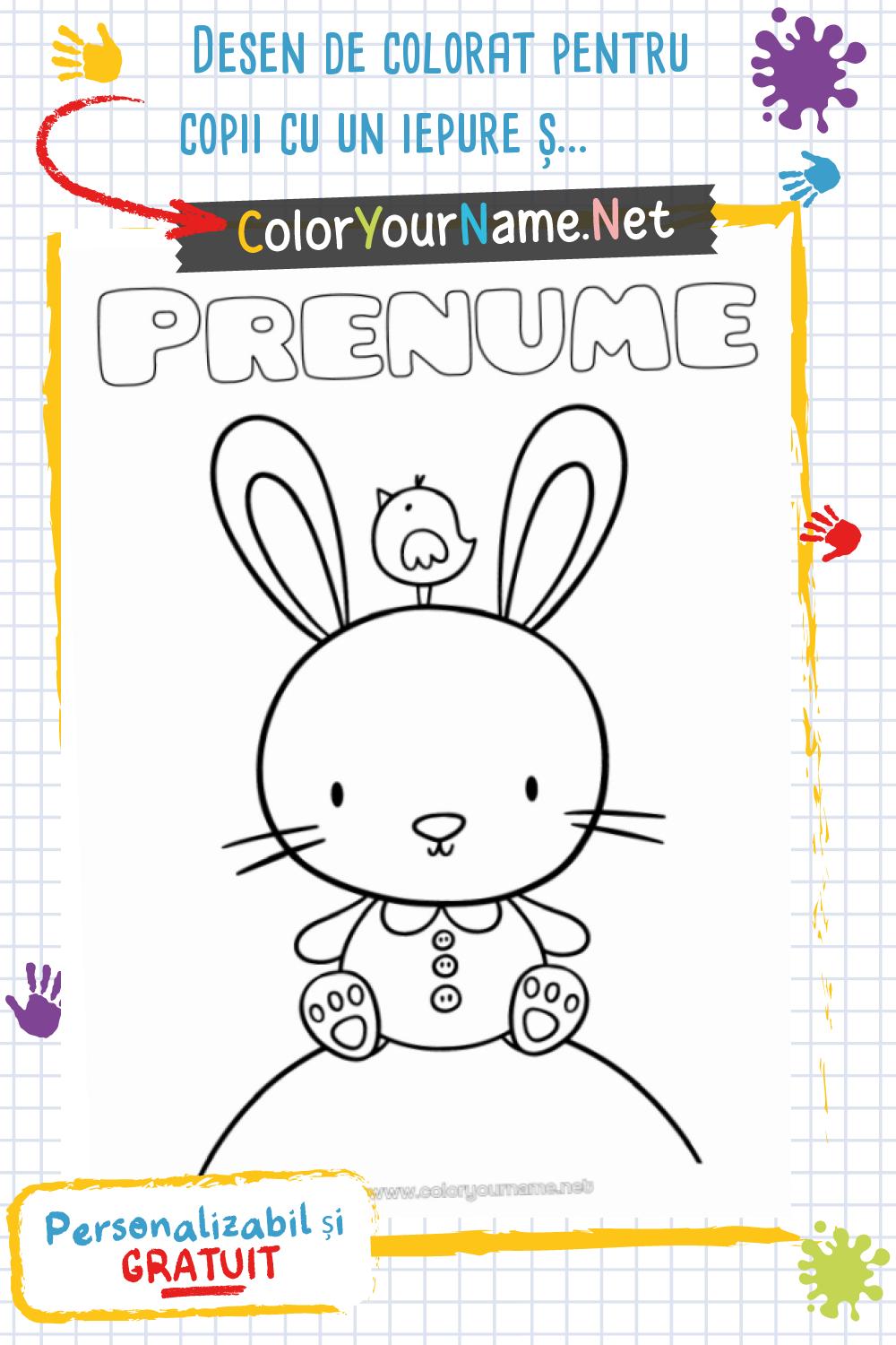 Desen de colorat pentru copii cu un iepure și o pasăre pe cap.