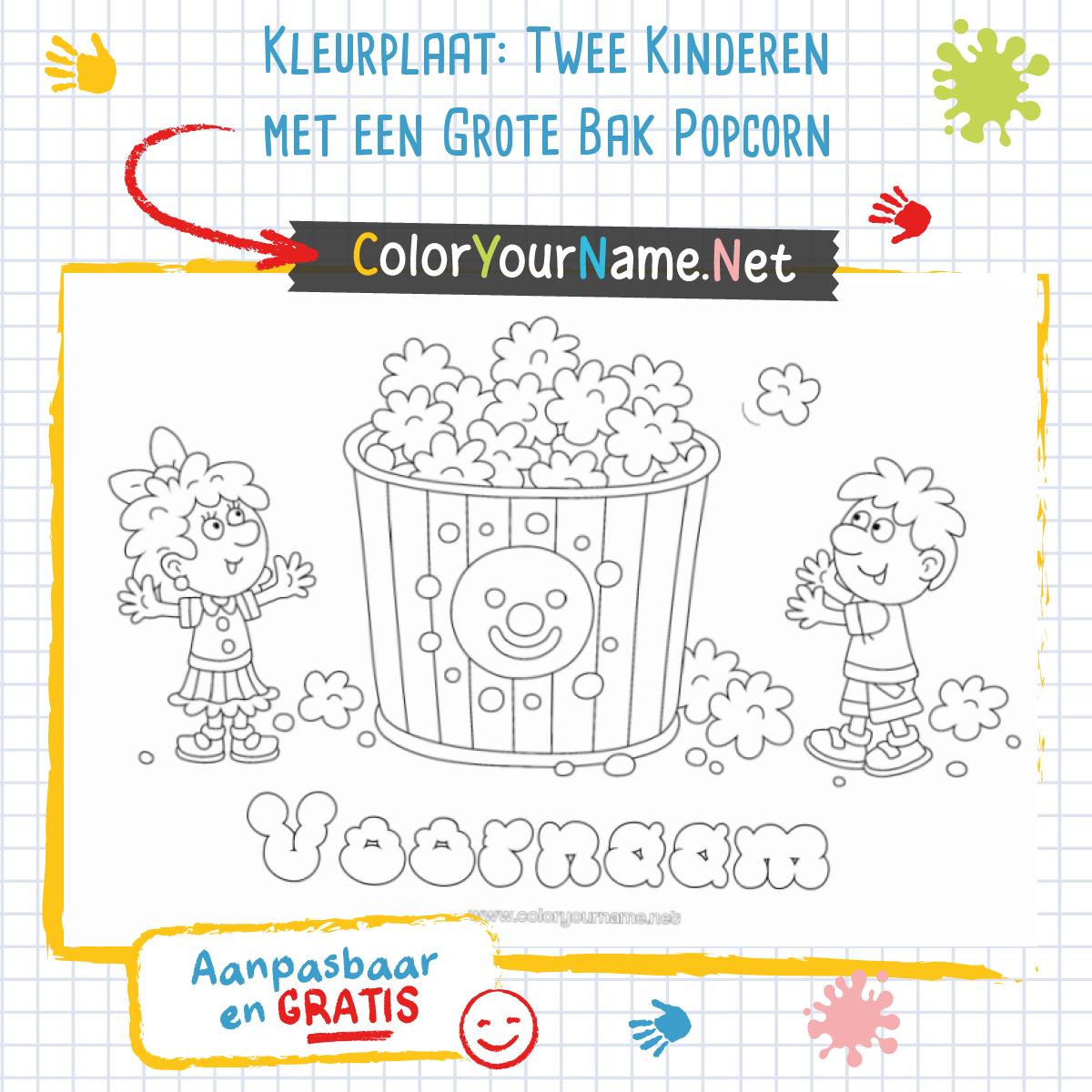 Kleurplaat: Twee Kinderen met een Grote Bak Popcorn