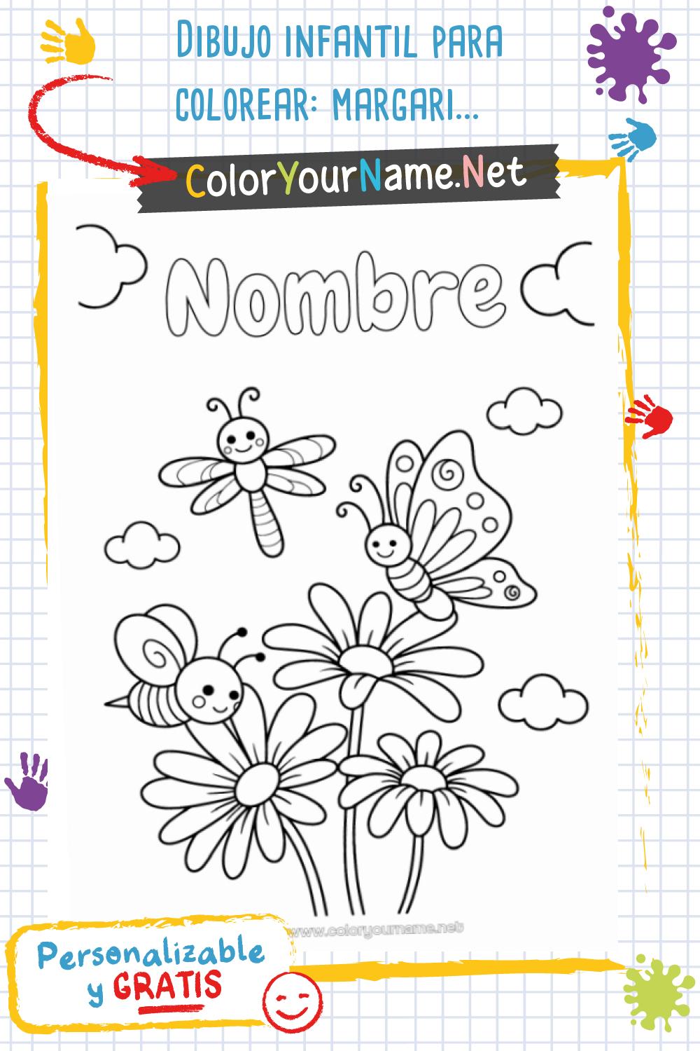 Dibujo infantil para colorear: margaritas rodeadas de insectos