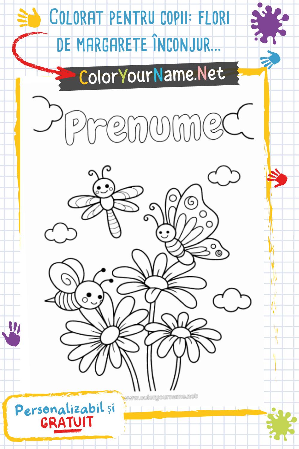 Colorat pentru copii: flori de margarete înconjurate de insecte.
