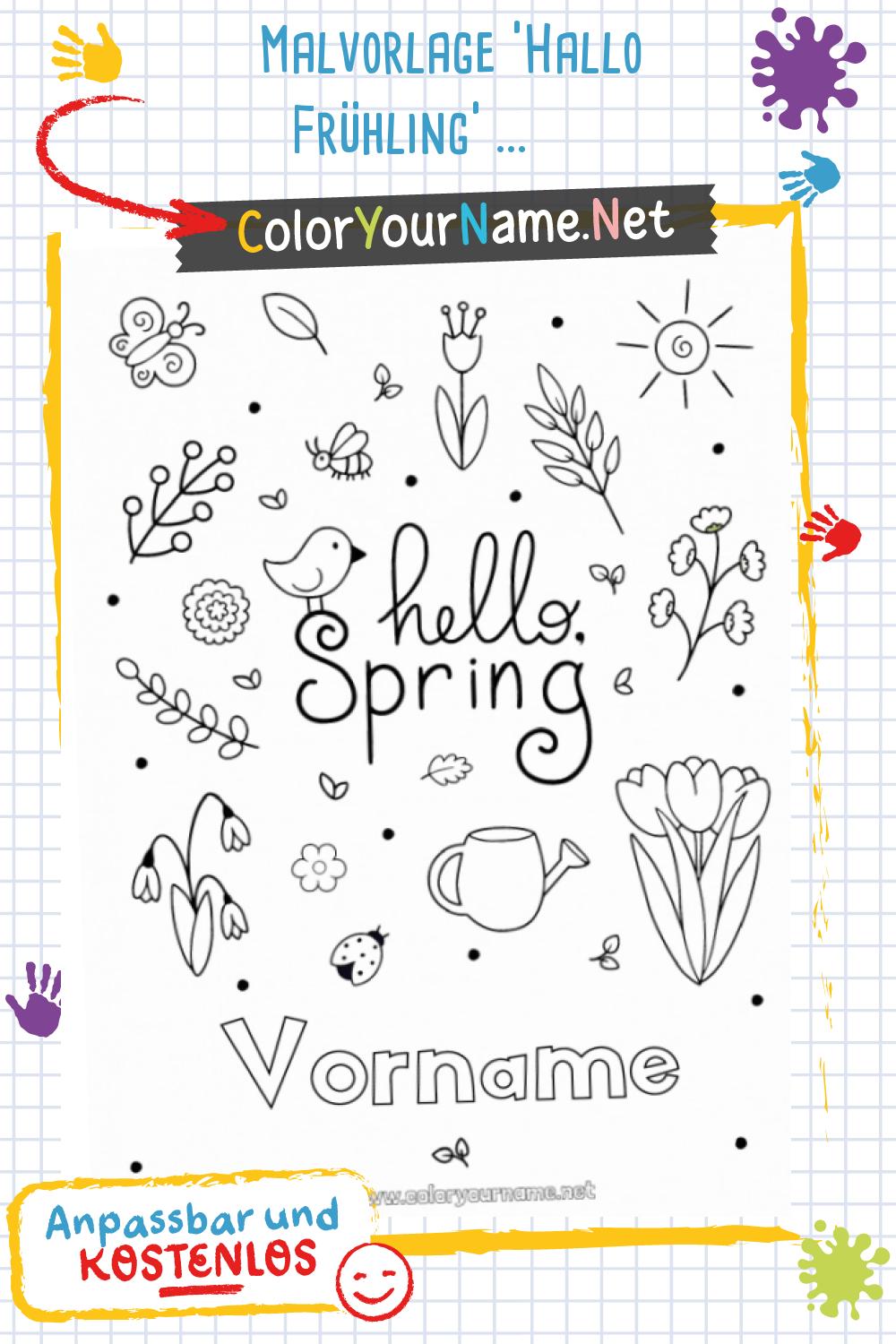 Malvorlage 'Hallo Frühling' mit Frühlingsmotiven