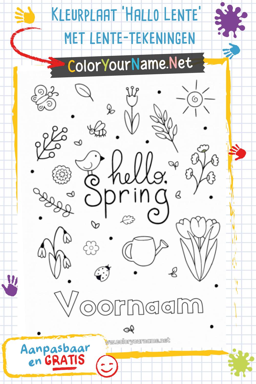 Kleurplaat 'Hallo Lente' met lente-tekeningen