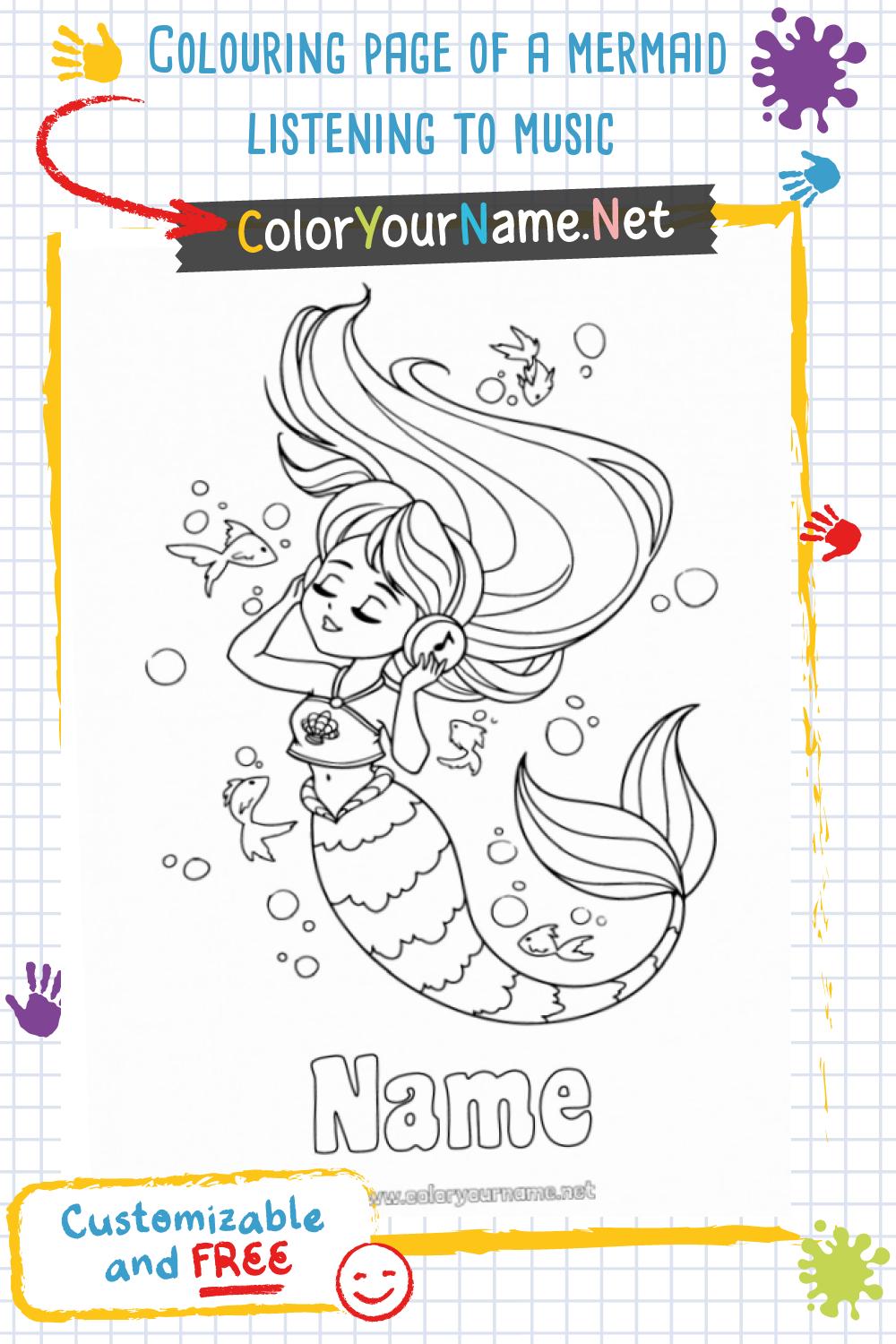 Colouring page of a mermaid listening to music