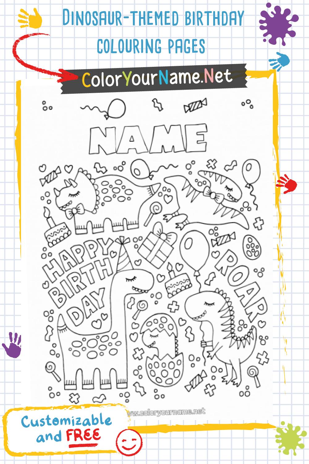 Dinosaur-themed birthday colouring pages