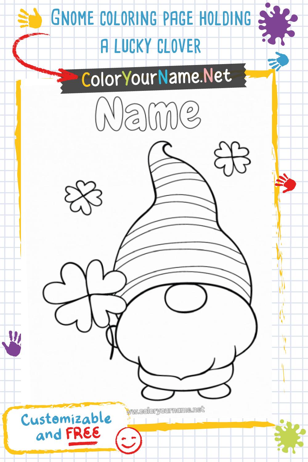 Gnome coloring page holding a lucky clover