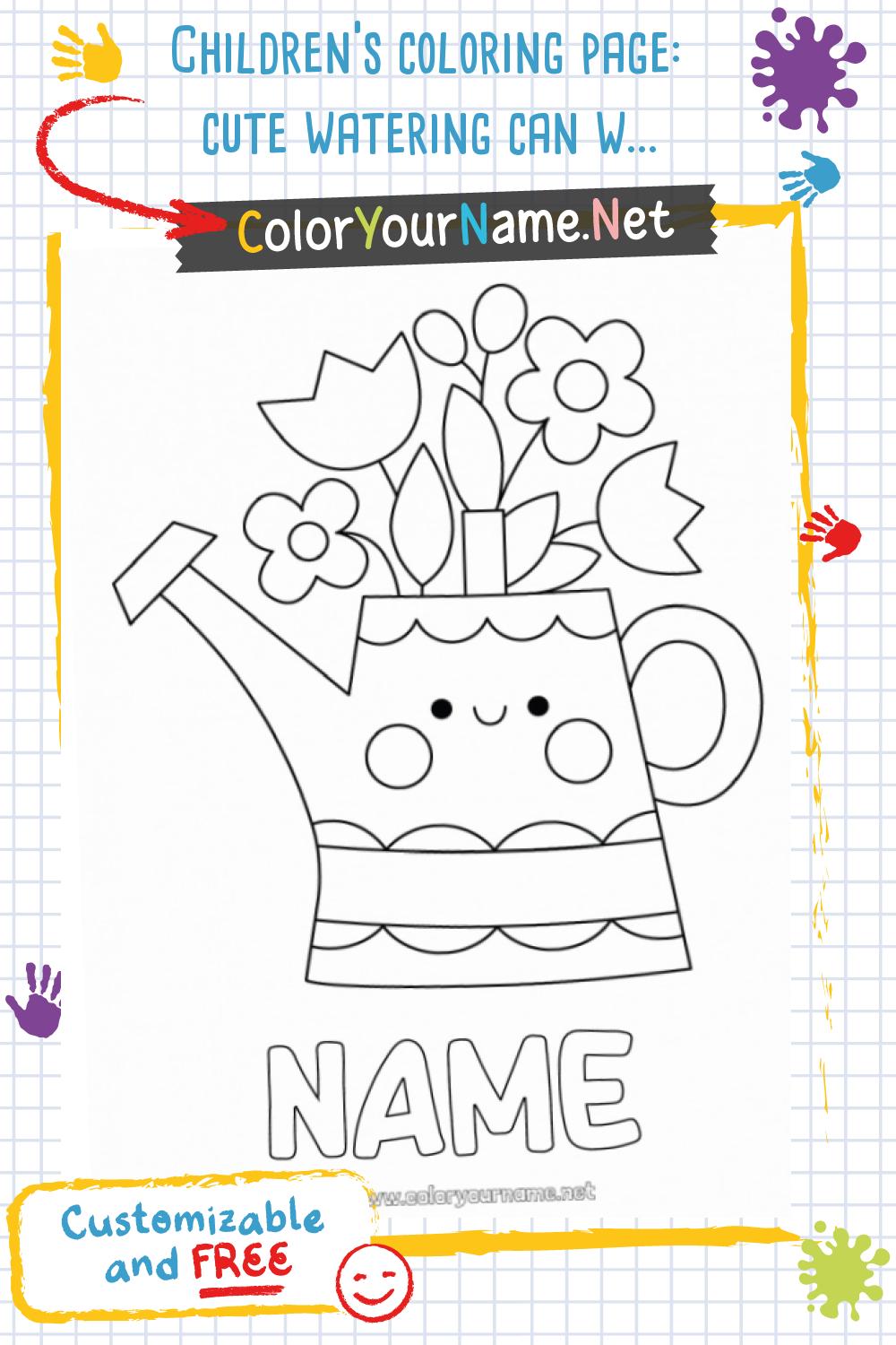 Children's coloring page: cute watering can with flowers