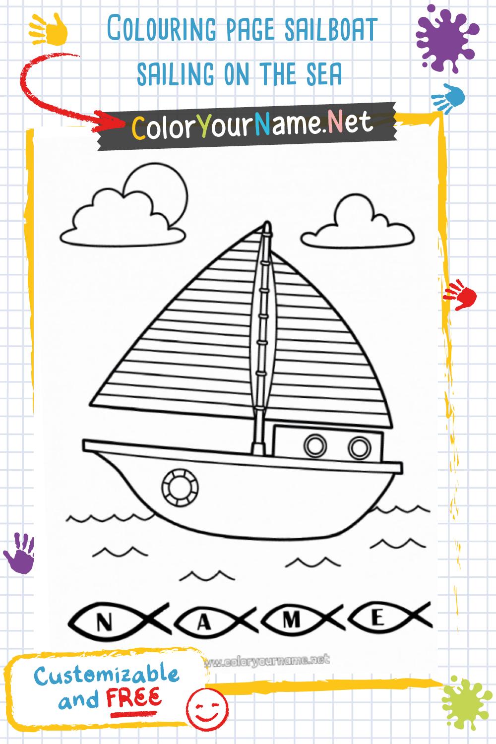 Colouring page sailboat sailing on the sea