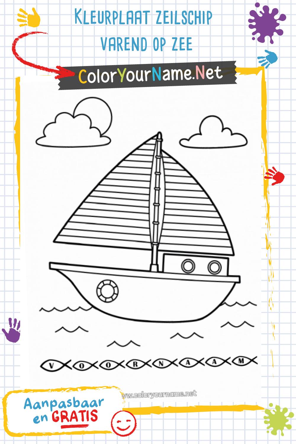 Kleurplaat zeilschip varend op zee