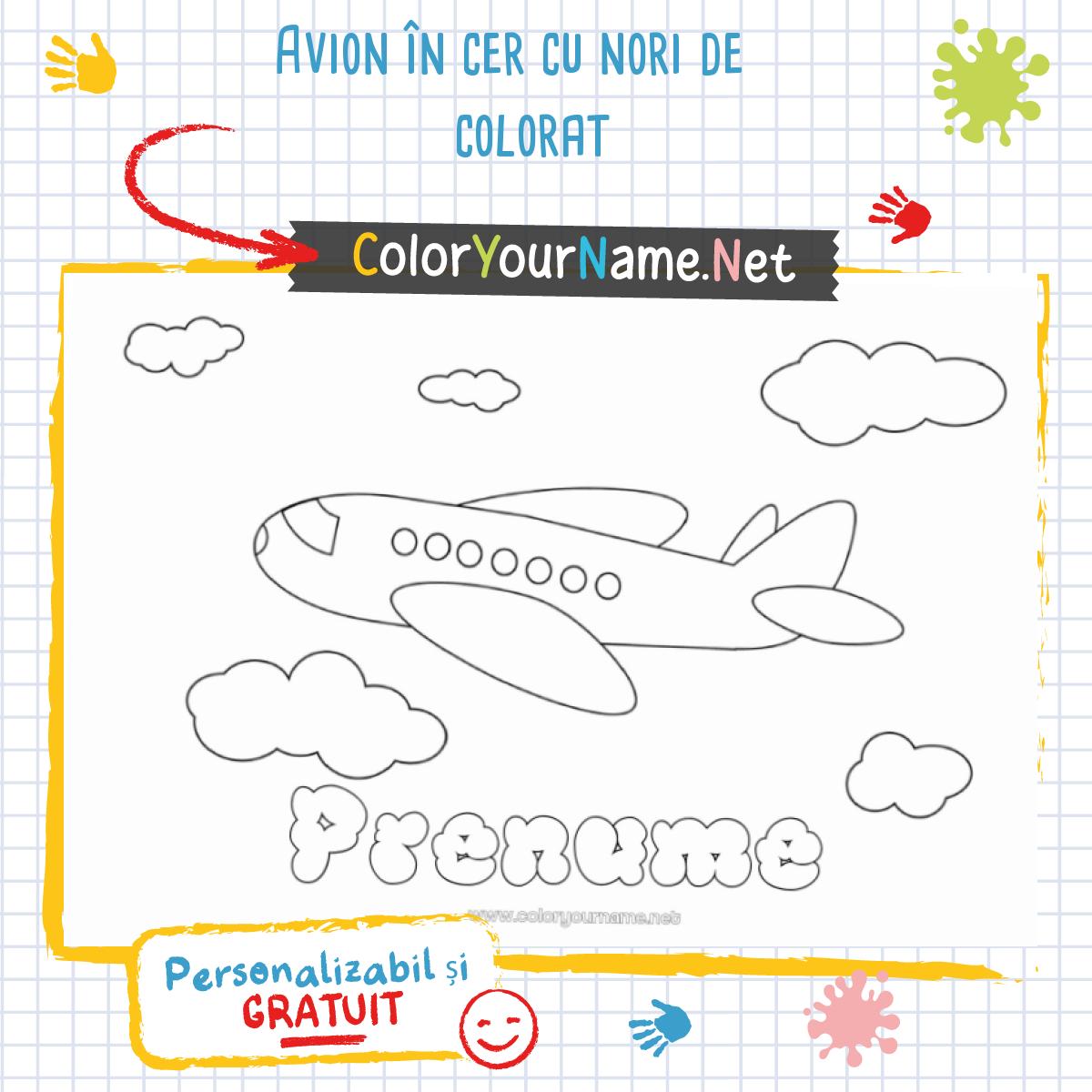 Avion în cer cu nori de colorat