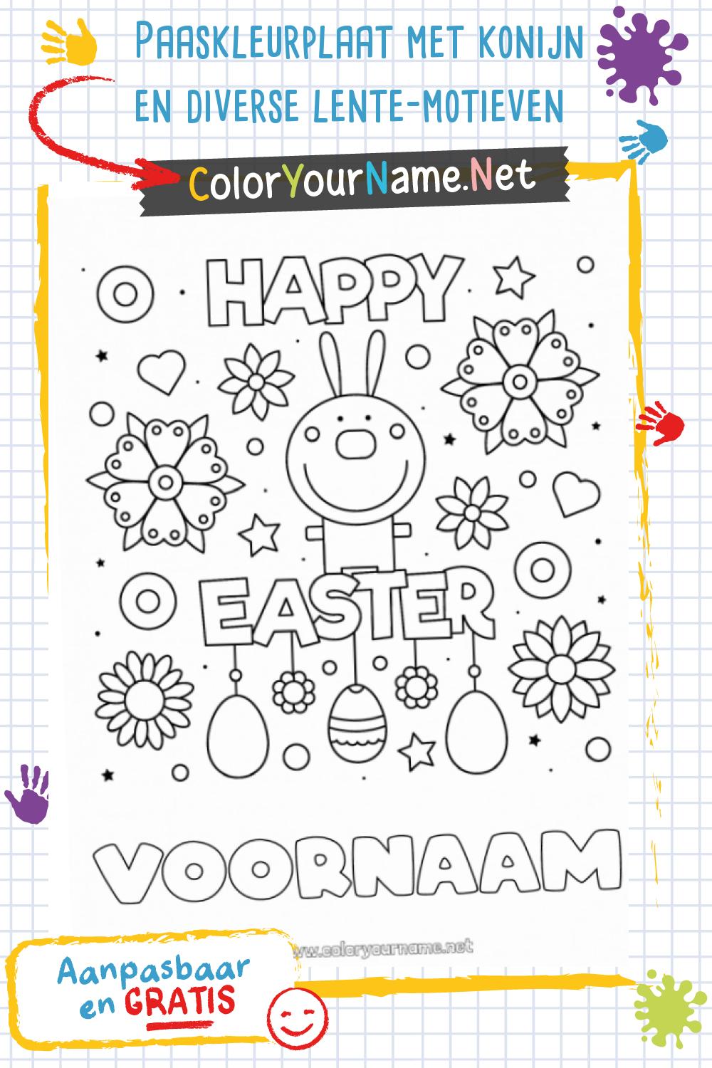 Paaskleurplaat met konijn en diverse lente-motieven