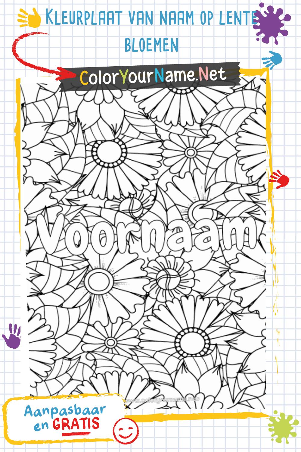 Kleurplaat van naam op lente bloemen
