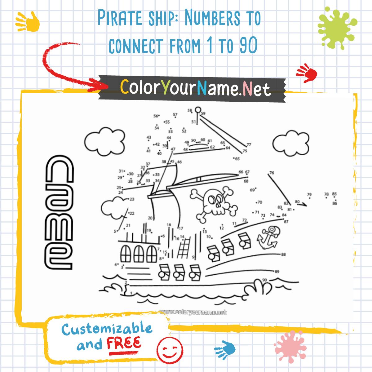 Pirate ship: Numbers to connect from 1 to 90
