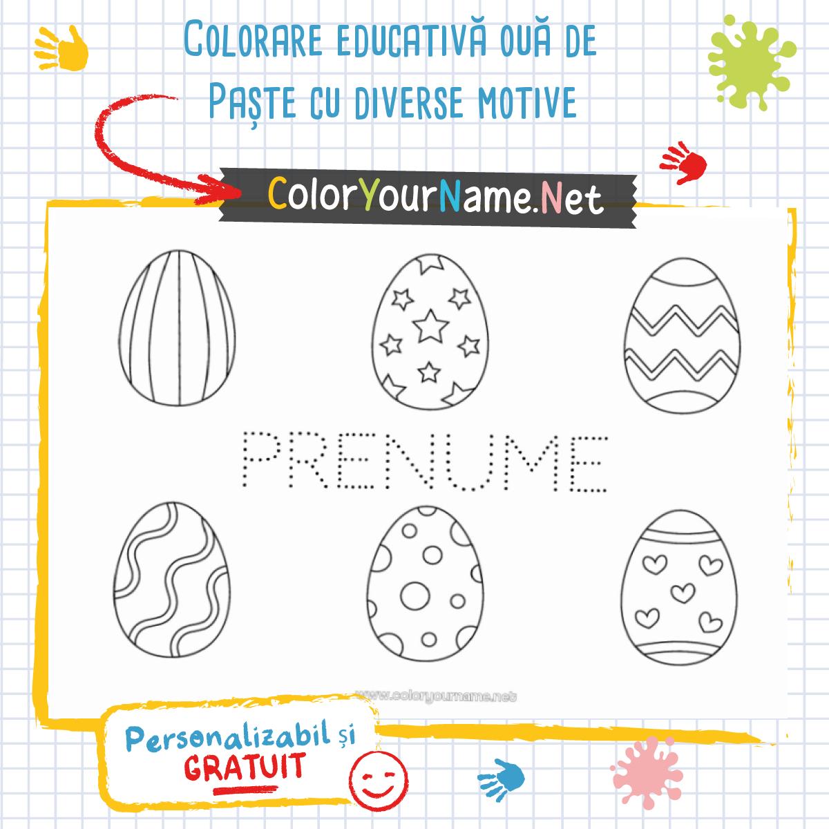 Colorare educativă ouă de Paște cu diverse motive