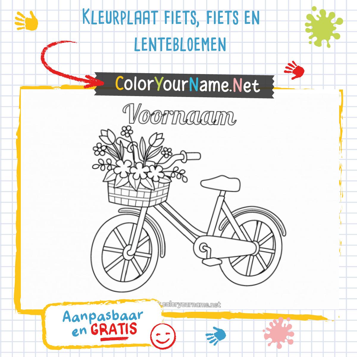 Kleurplaat fiets, fiets en lentebloemen
