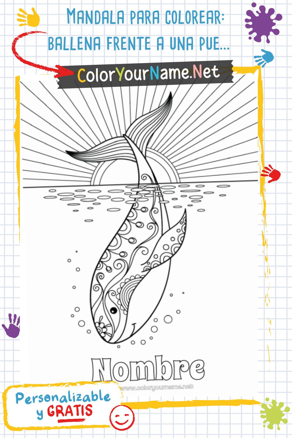 Mandala para colorear: ballena frente a una puesta de sol