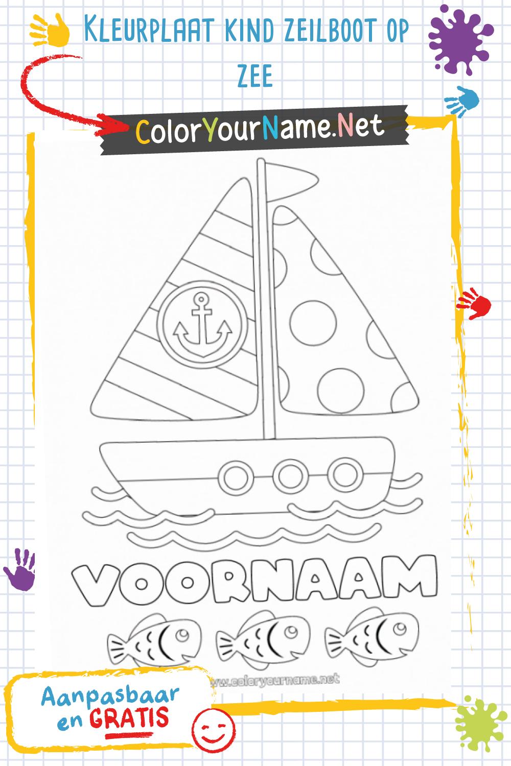 Kleurplaat kind zeilboot op zee