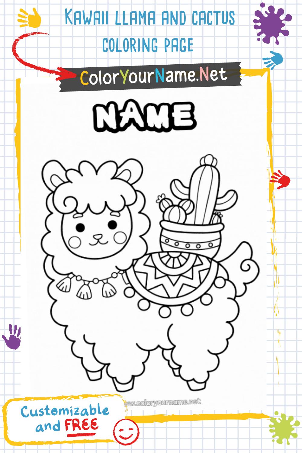 Kawaii llama and cactus coloring page