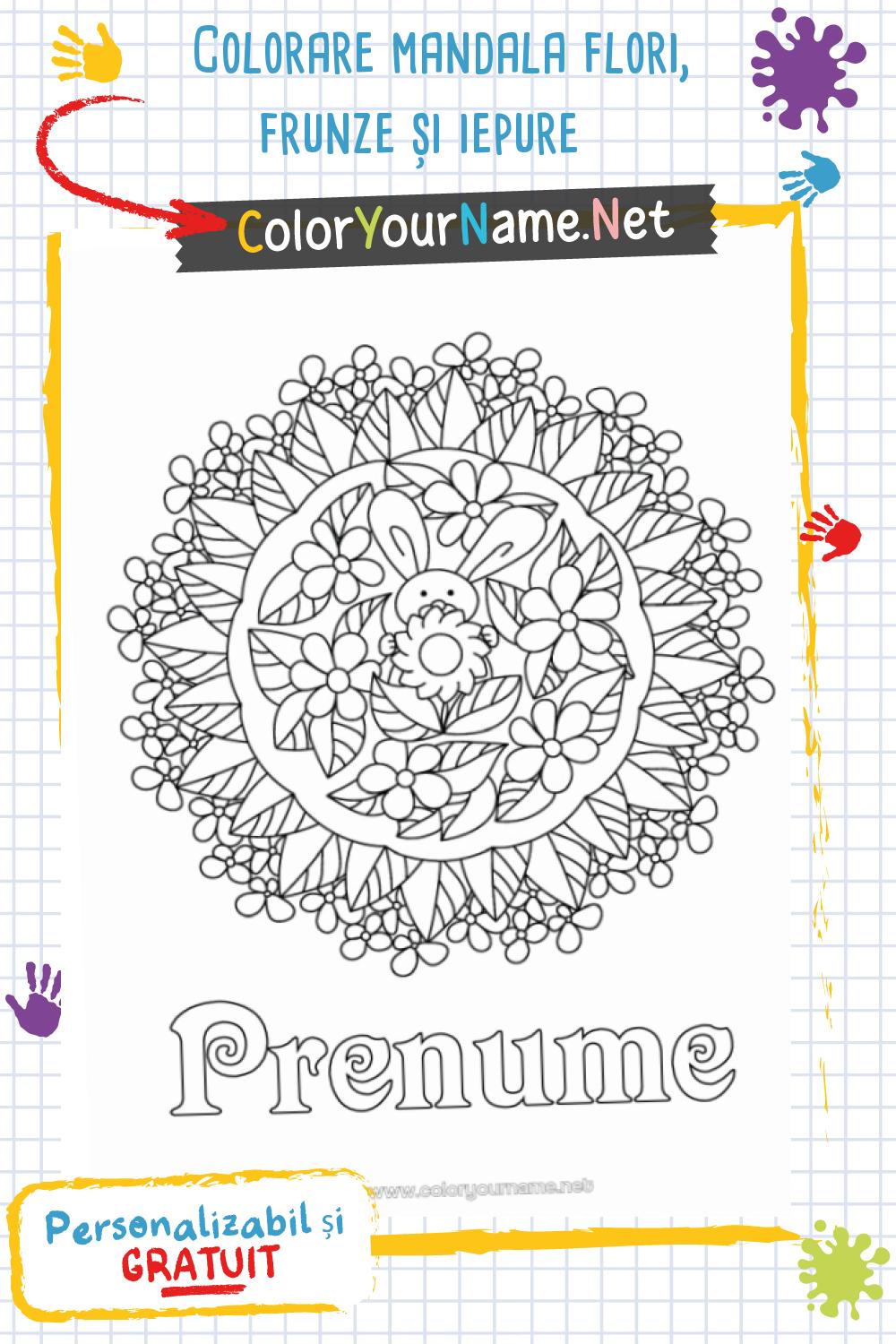 Colorare mandala flori, frunze și iepure
