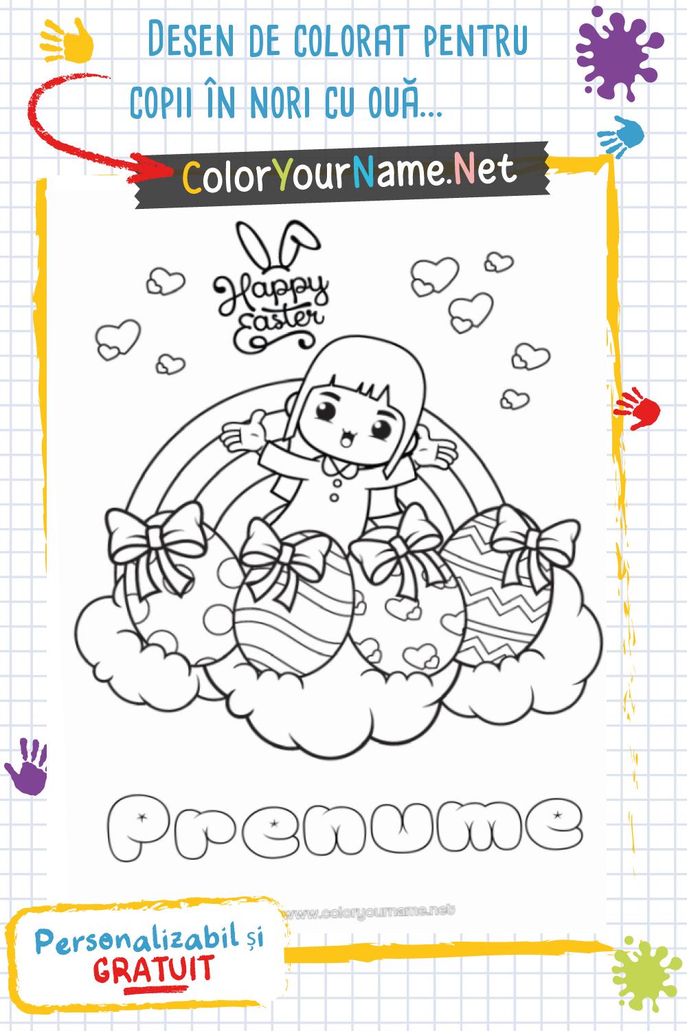 Desen de colorat pentru copii în nori cu ouă de Paște și curcubeu.