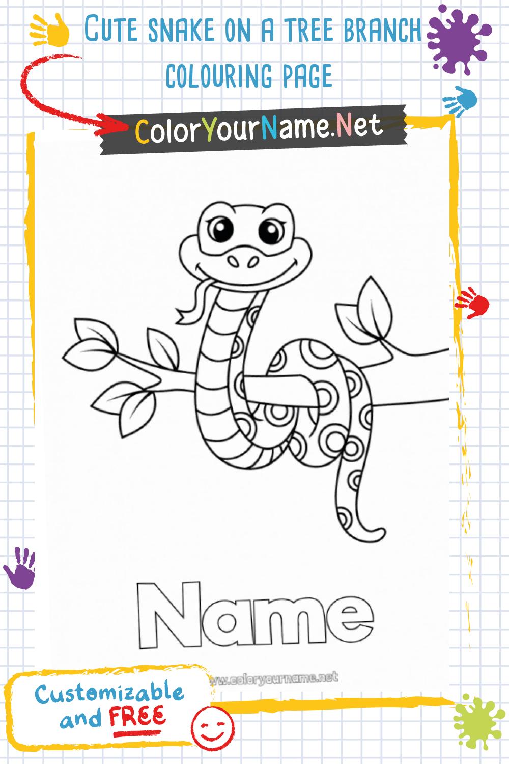 Cute snake on a tree branch colouring page