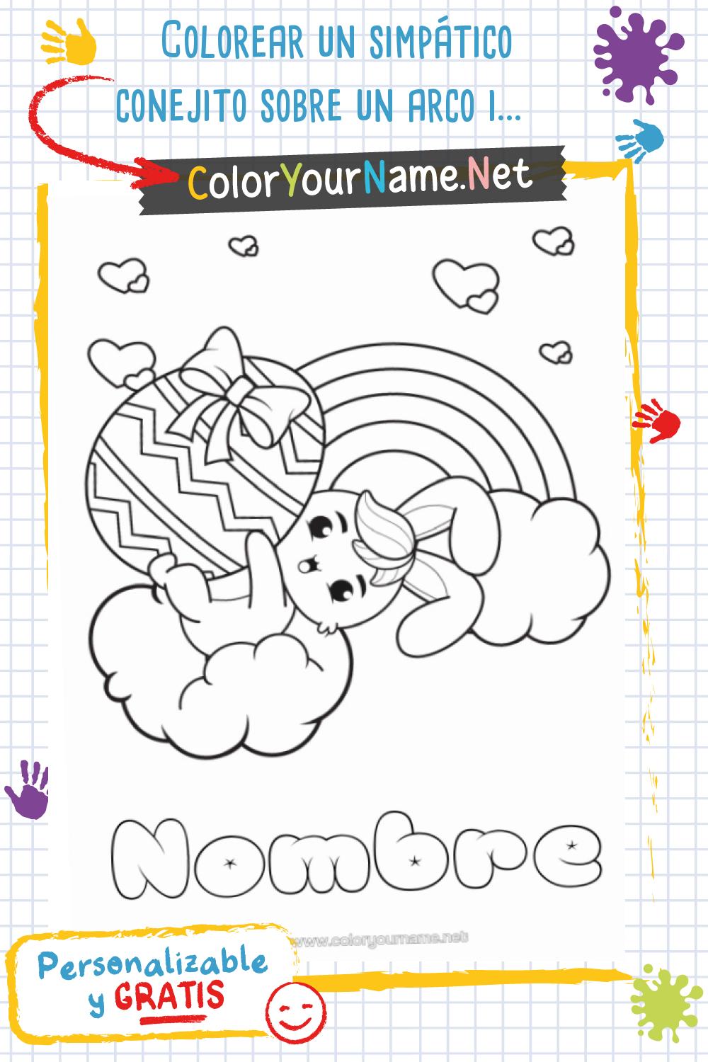 Colorear un simpático conejito sobre un arco iris con un gran huevo de ...