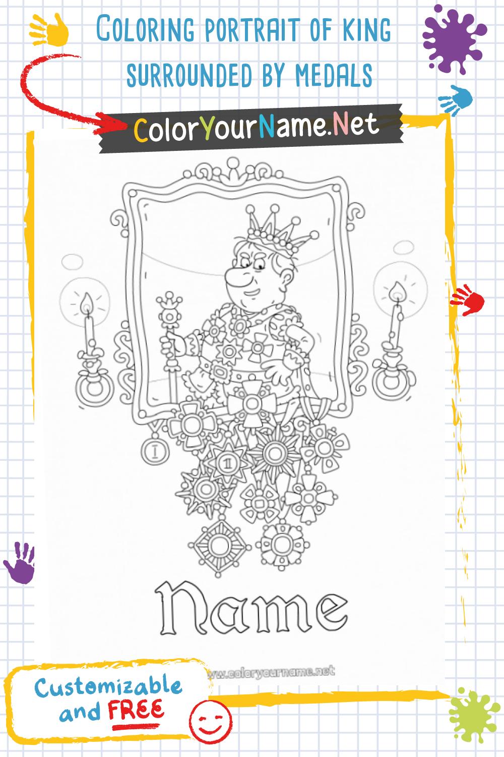 Coloring portrait of king surrounded by medals
