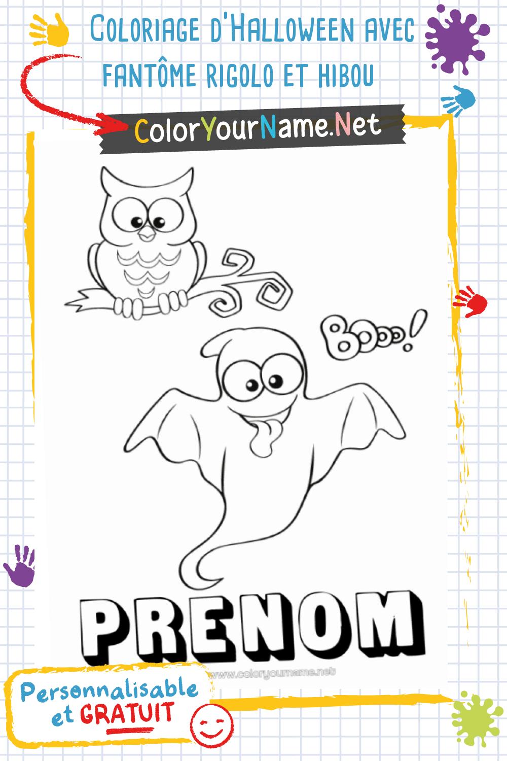 Coloriage d'Halloween avec fantôme rigolo et hibou