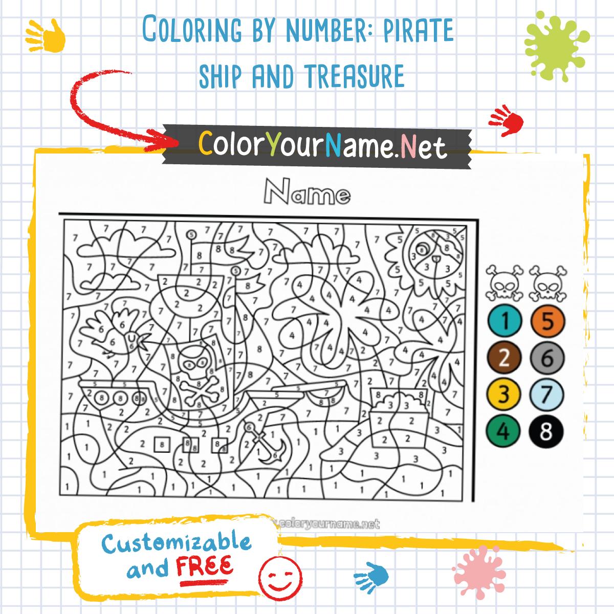 Coloring by number: pirate ship and treasure
