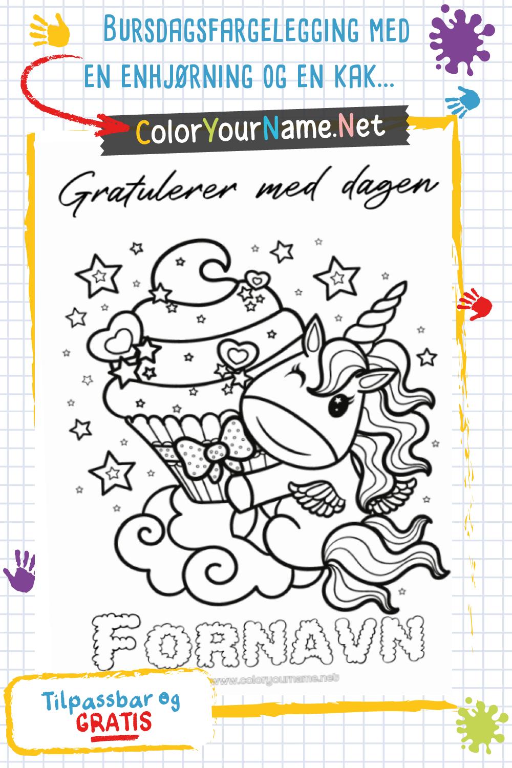 Bursdagsfargelegging med en enhjørning og en kake i kawaii-stil