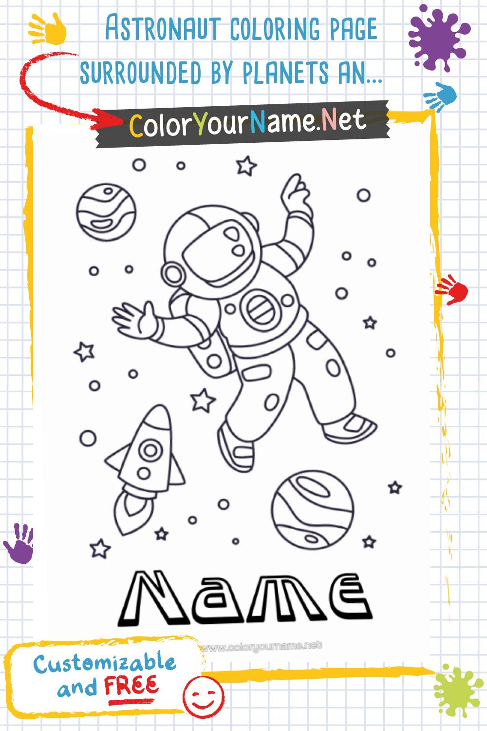 Astronaut coloring page surrounded by planets and a rocket