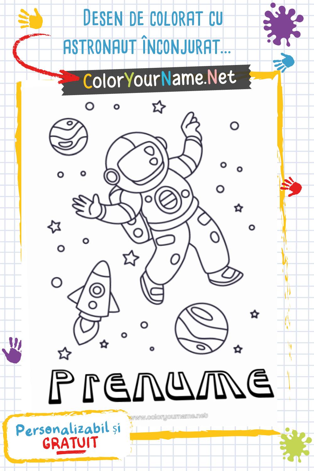 Desen de colorat cu astronaut înconjurat de planete și o rachetă.