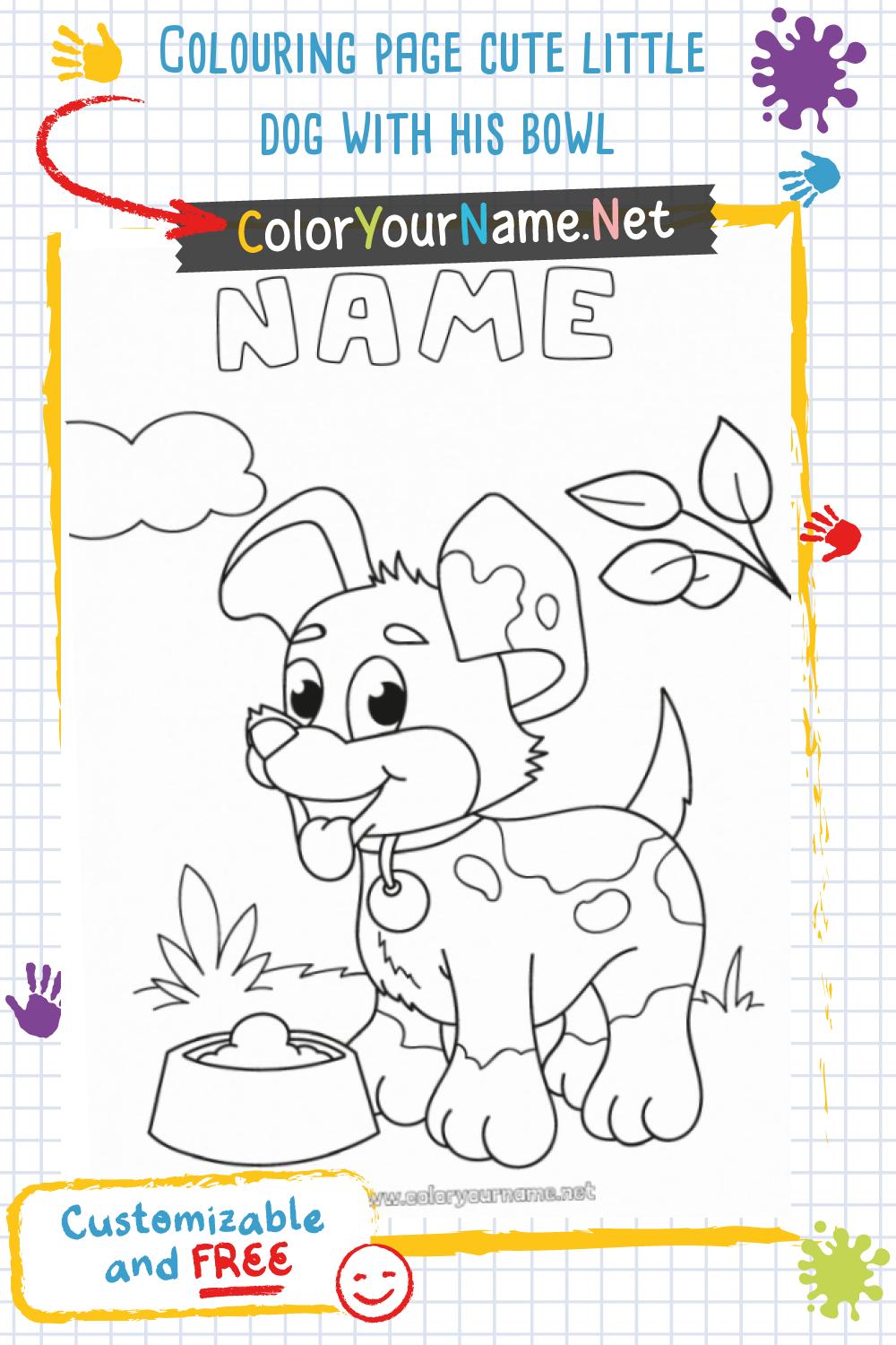 Colouring page cute little dog with his bowl