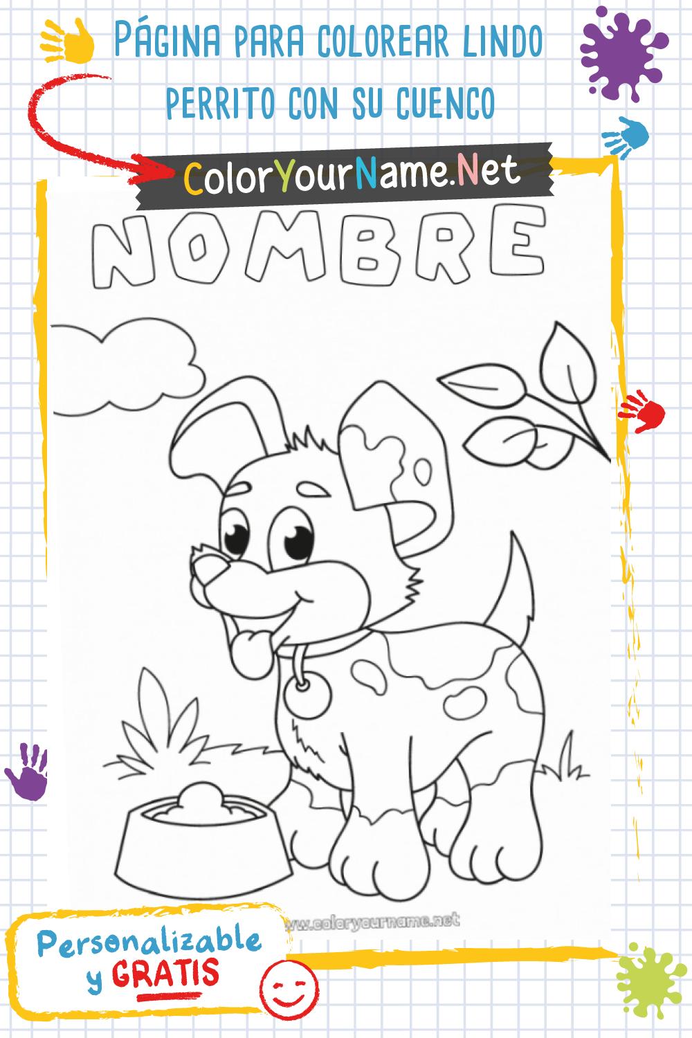 Página para colorear lindo perrito con su cuenco