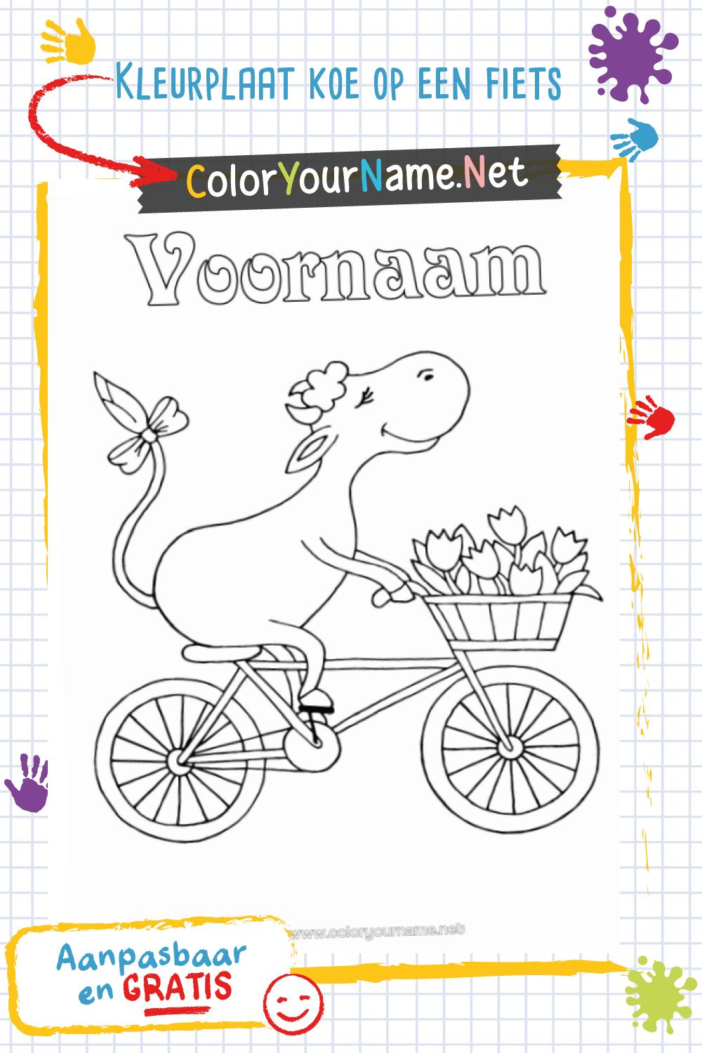 Kleurplaat koe op een fiets