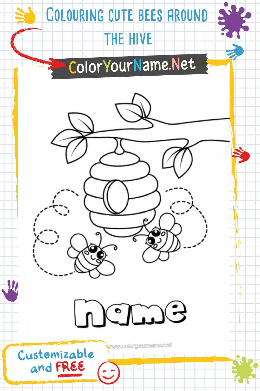 Colouring cute bees around the hive