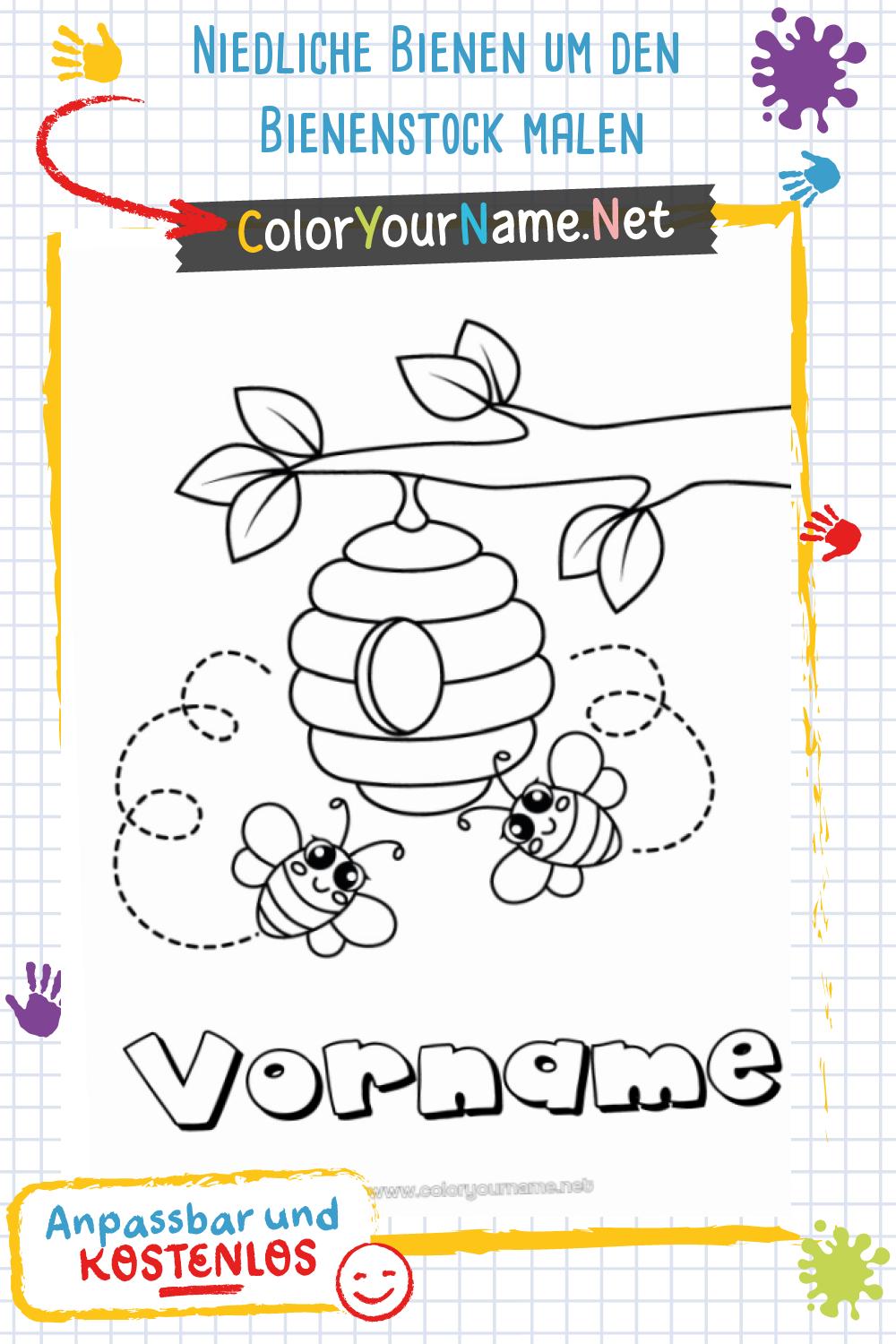 Niedliche Bienen um den Bienenstock malen