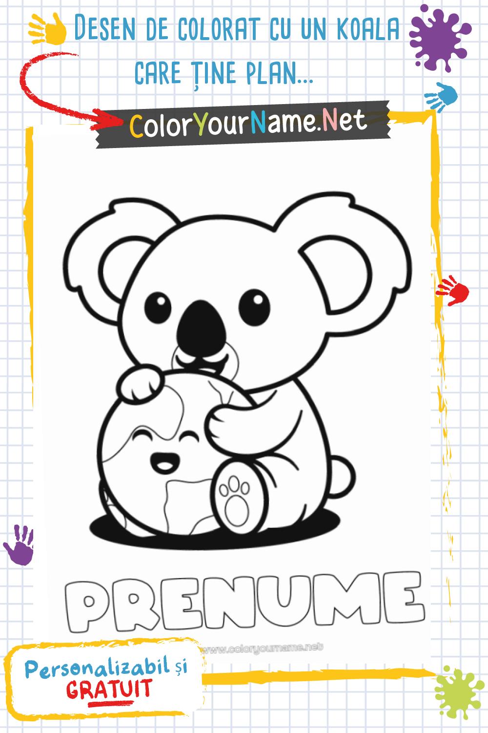 Desen de colorat cu un koala care ține planeta Pământ.