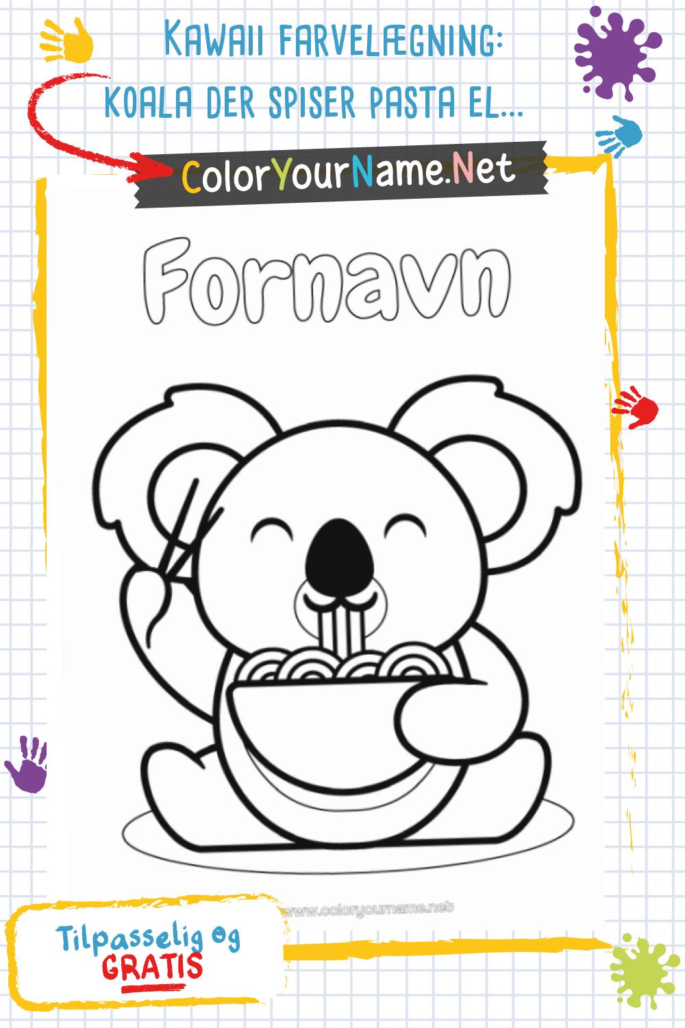 Kawaii farvelægning: koala der spiser pasta eller ramen.
