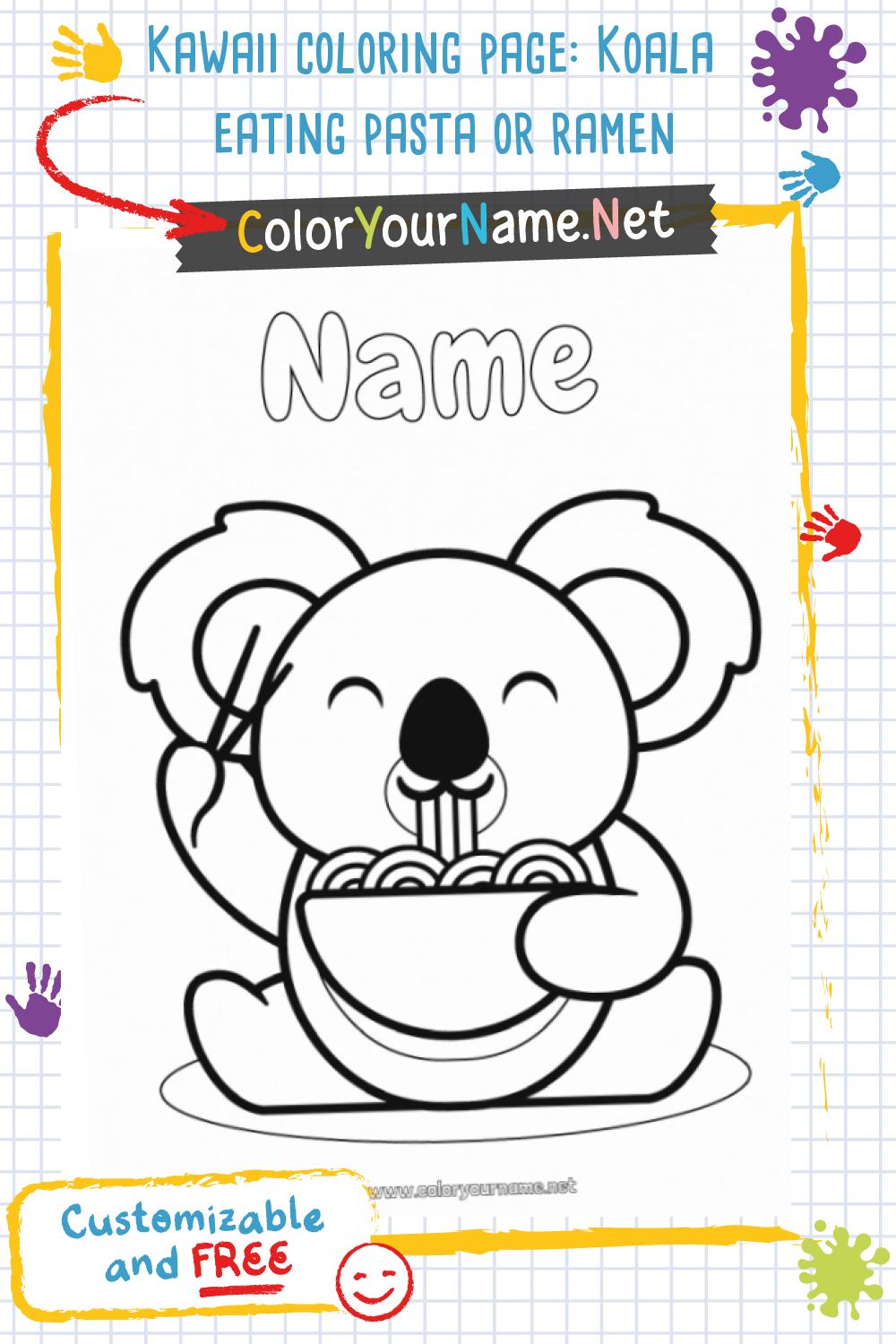 Kawaii coloring page: Koala eating pasta or ramen