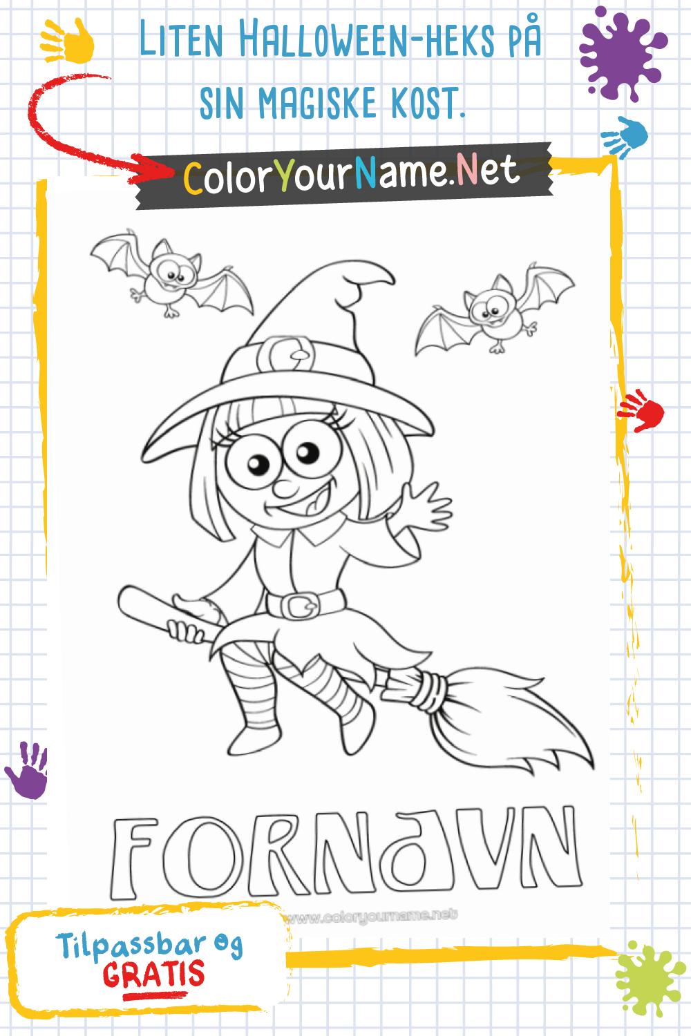 Liten Halloween-heks på sin magiske kost.
