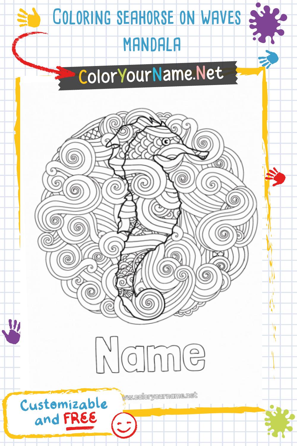 Coloring seahorse on waves mandala