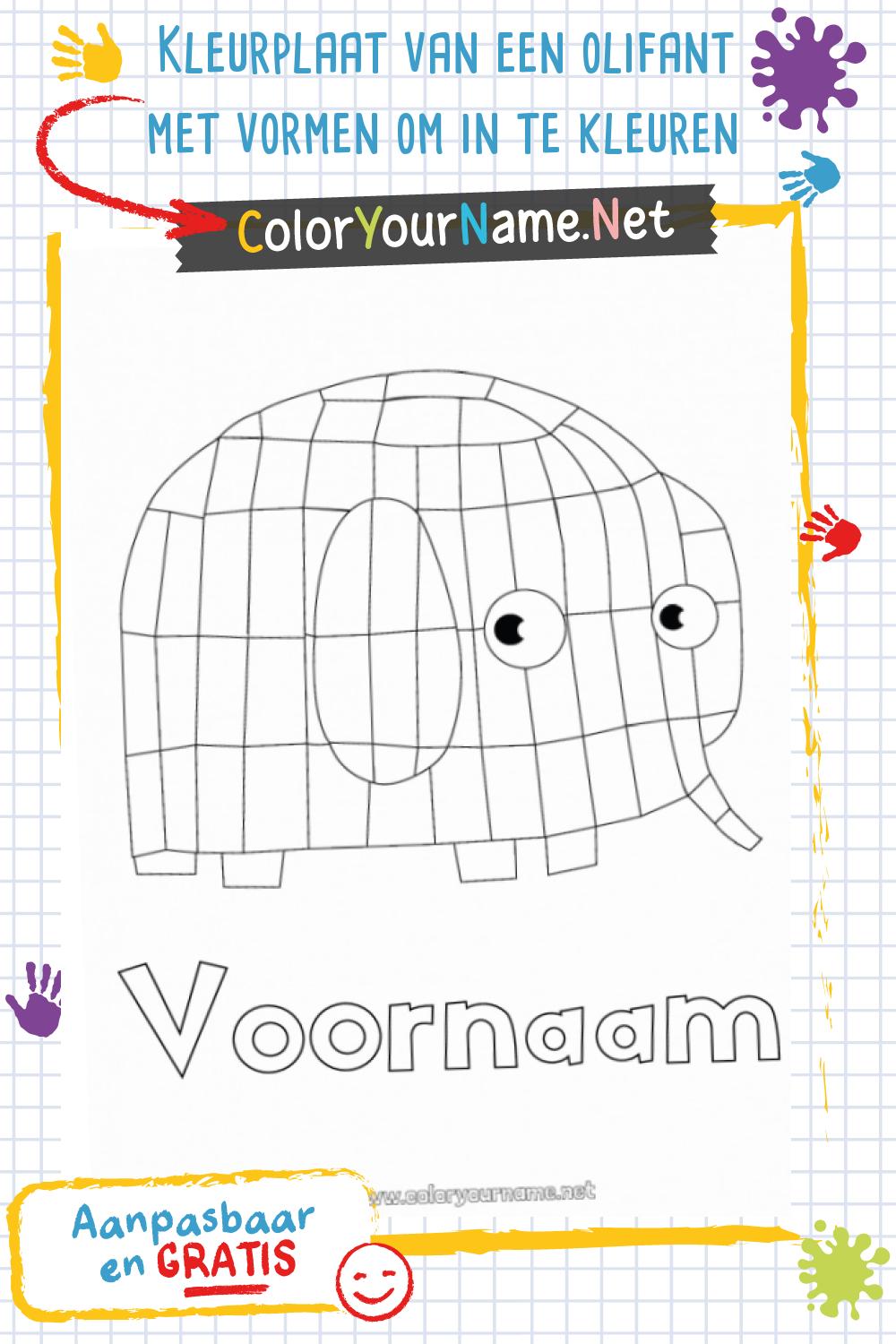 Kleurplaat van een olifant met vormen om in te kleuren