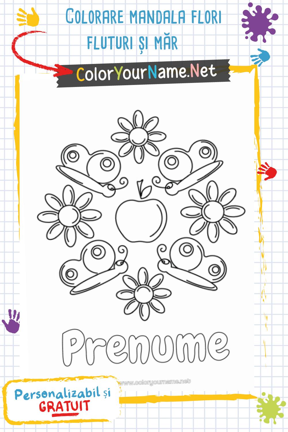 Colorare mandala flori fluturi și măr