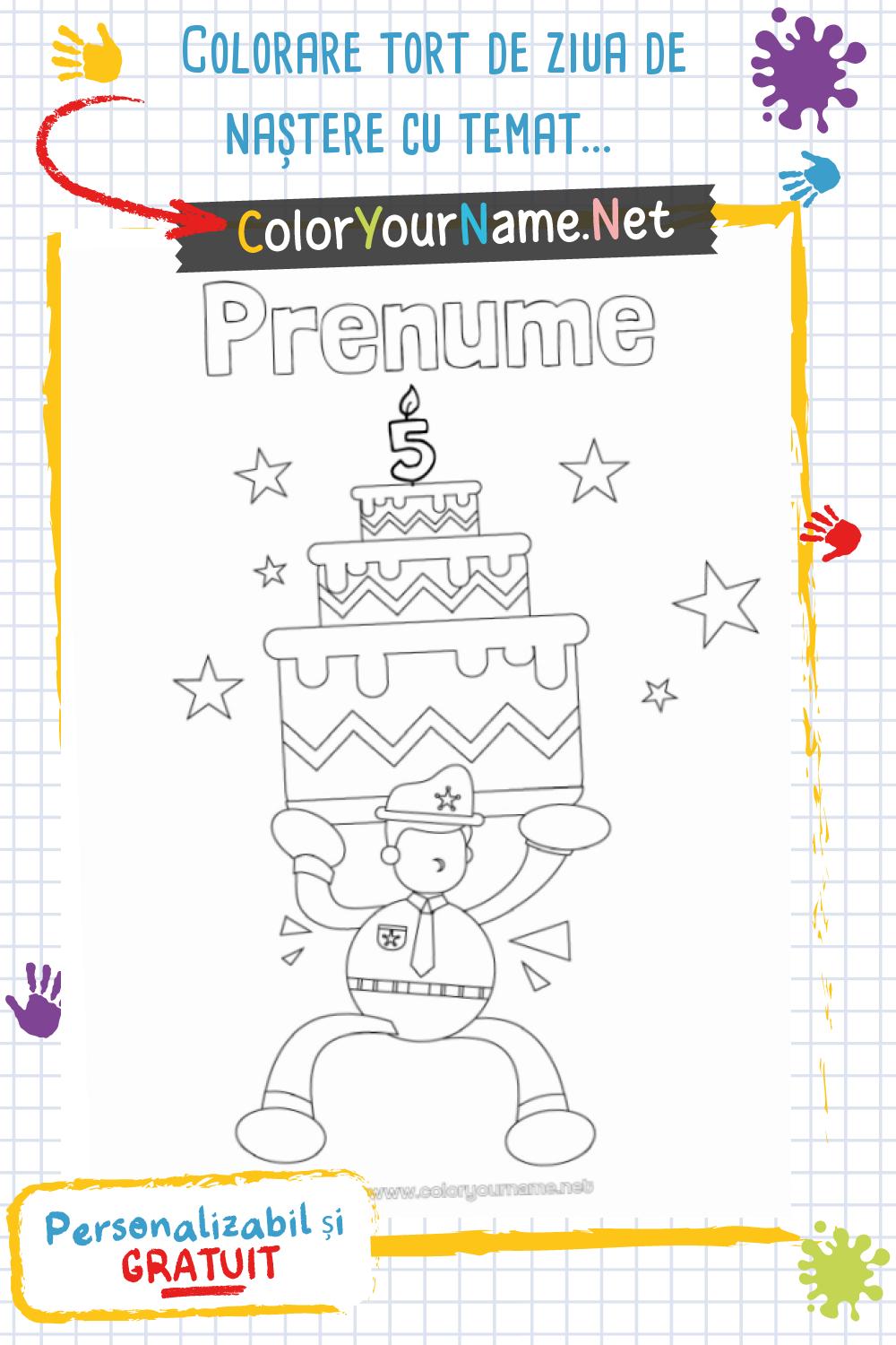 Colorare tort de ziua de naștere cu tematica polițistă de personalizat