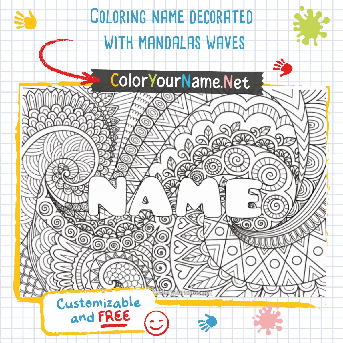 Coloring name decorated with mandalas waves