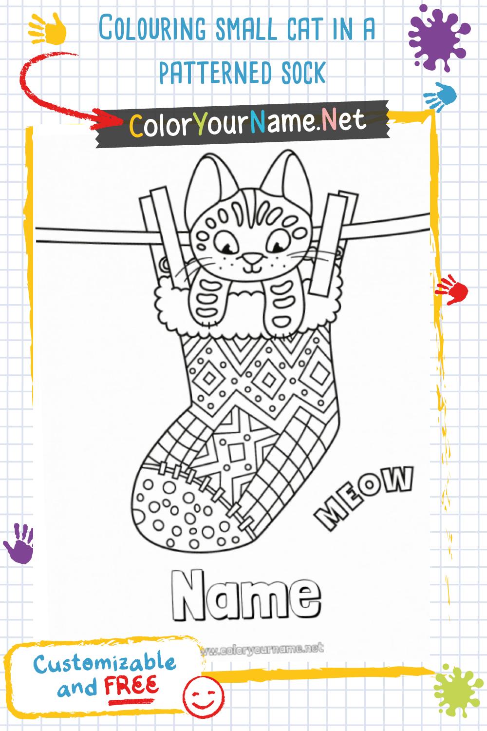 Colouring small cat in a patterned sock