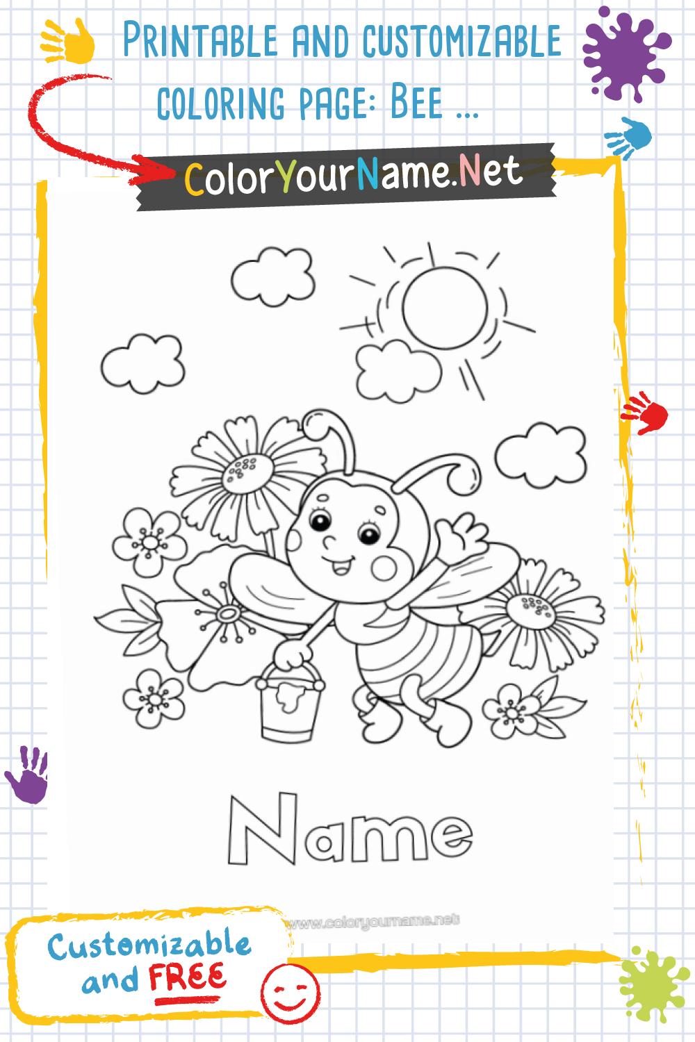 Printable and customizable coloring page: Bee and flowers