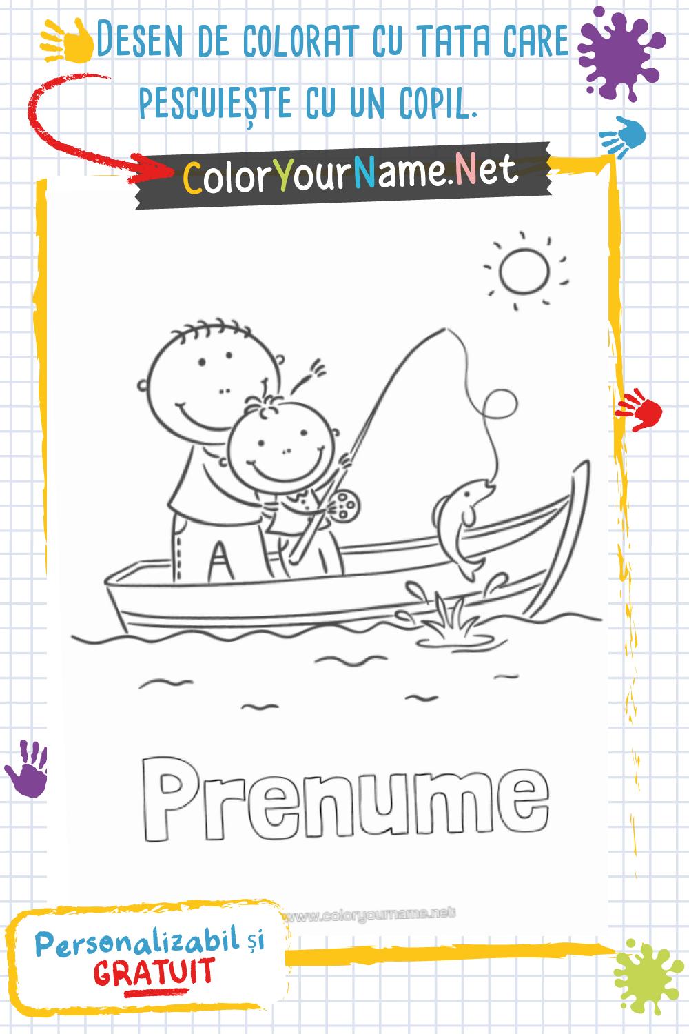 Desen de colorat cu tata care pescuiește cu un copil.