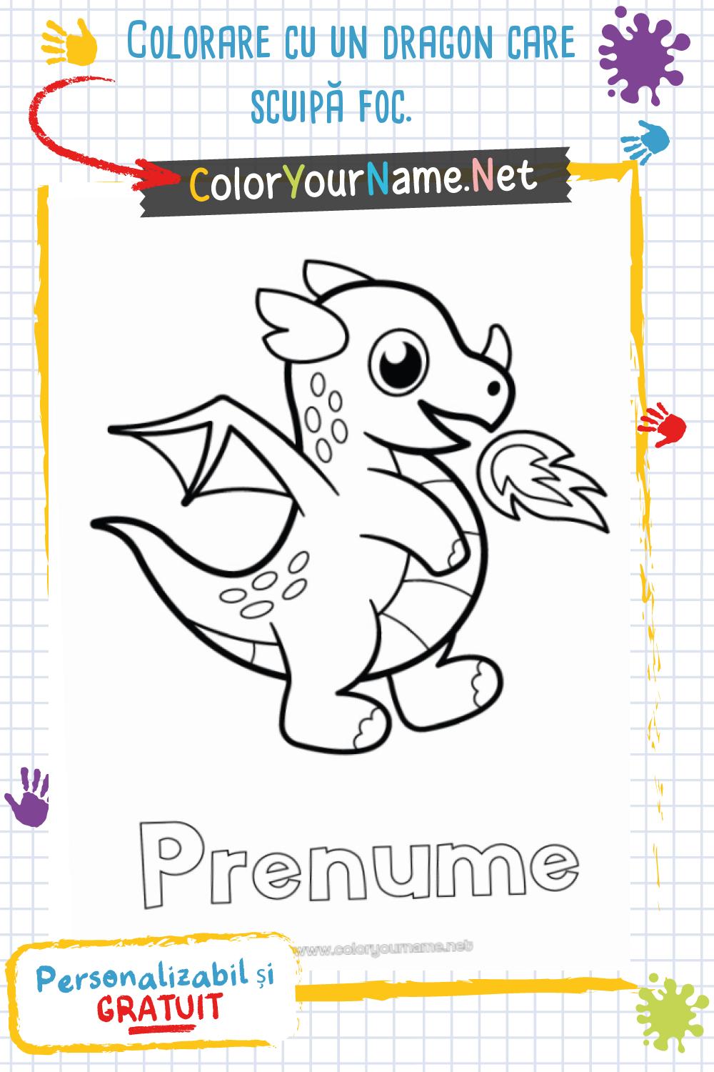 Colorare cu un dragon care scuipă foc.